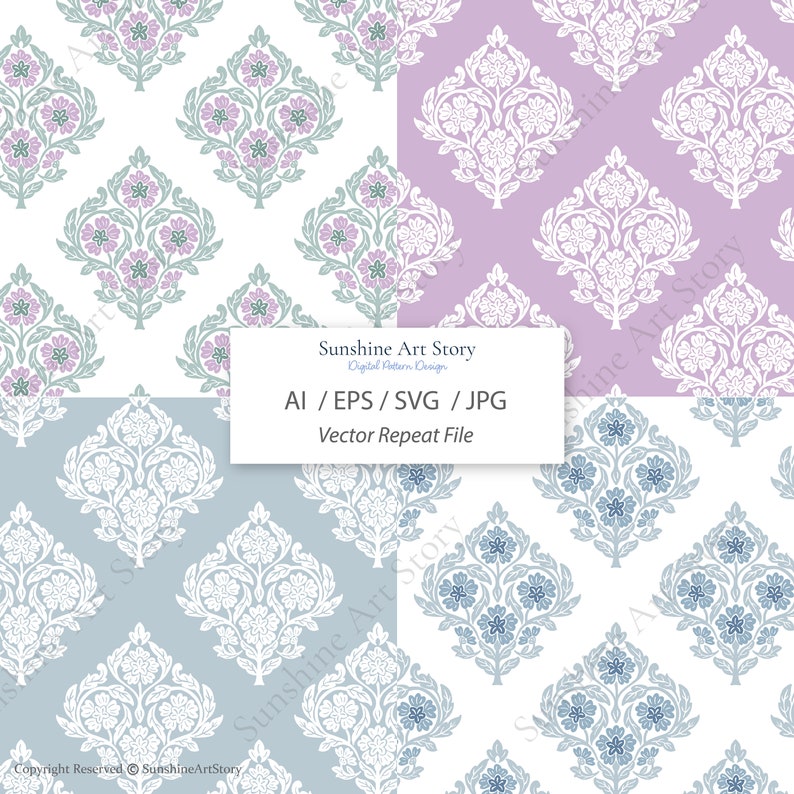 Seamless Floral Block Print and Floral Damask Repeat Pattern Vector ...