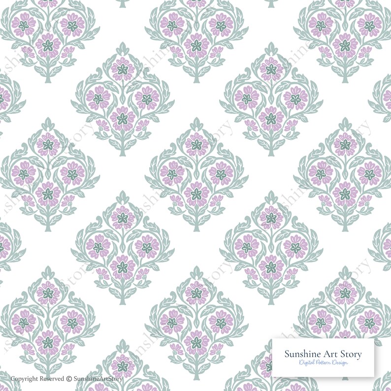Seamless Floral Block Print and Floral Damask Repeat Pattern Vector ...