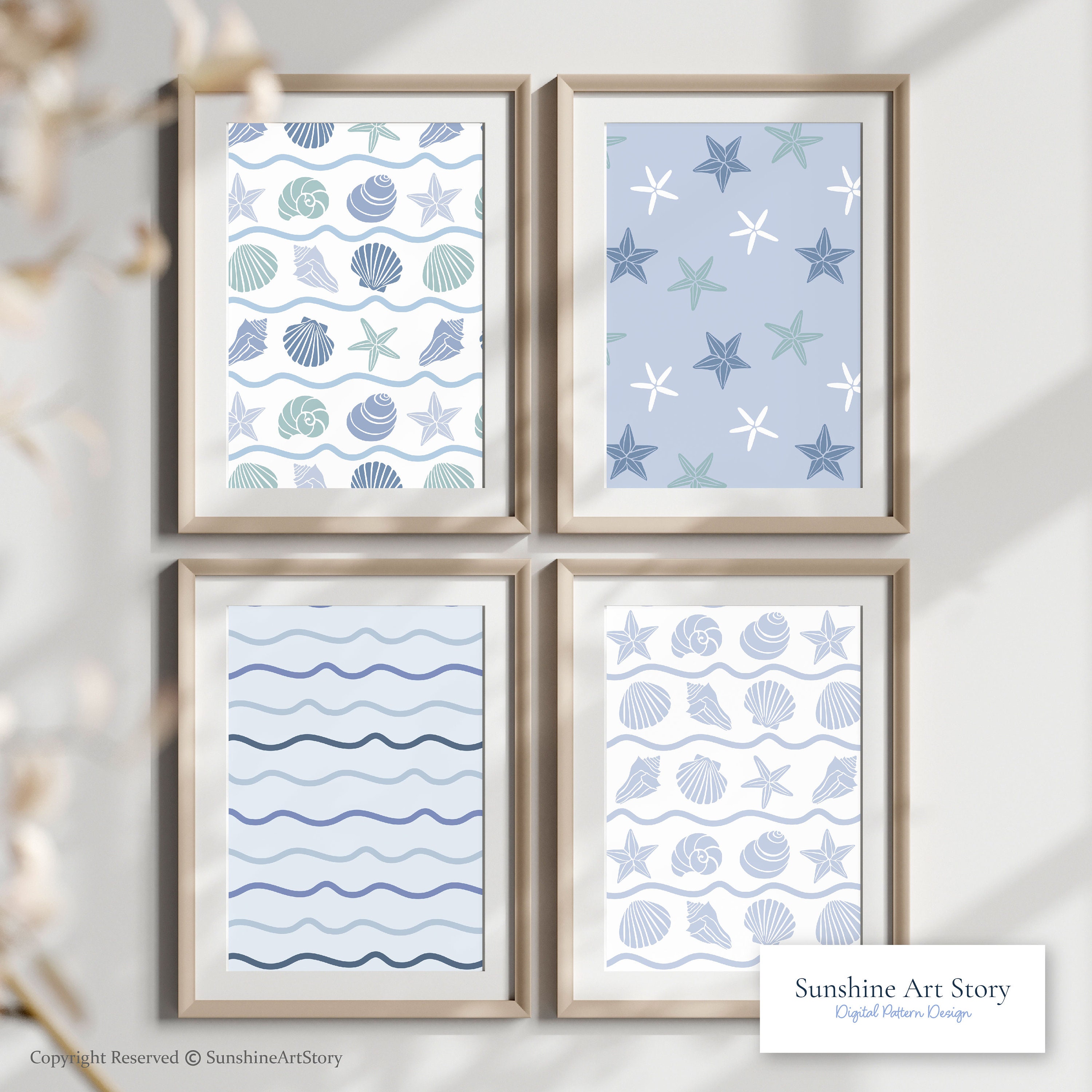 Simple Sea Shells Repeat Pattern Beach Coastal Pattern, Starfish, Wave ...