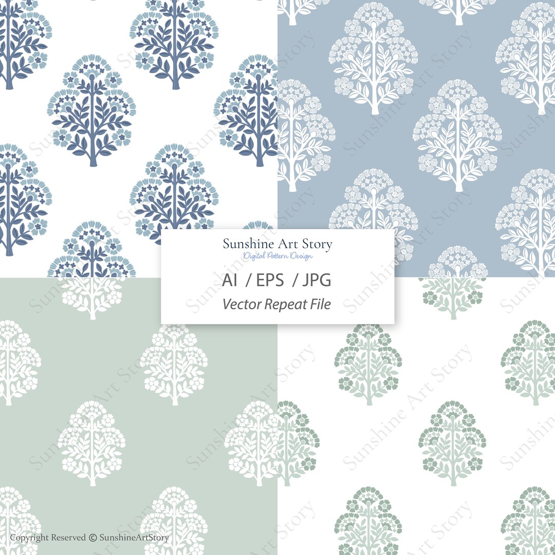 Boho Floral Block Print Flower Damask Repeat Pattern Vector File for ...