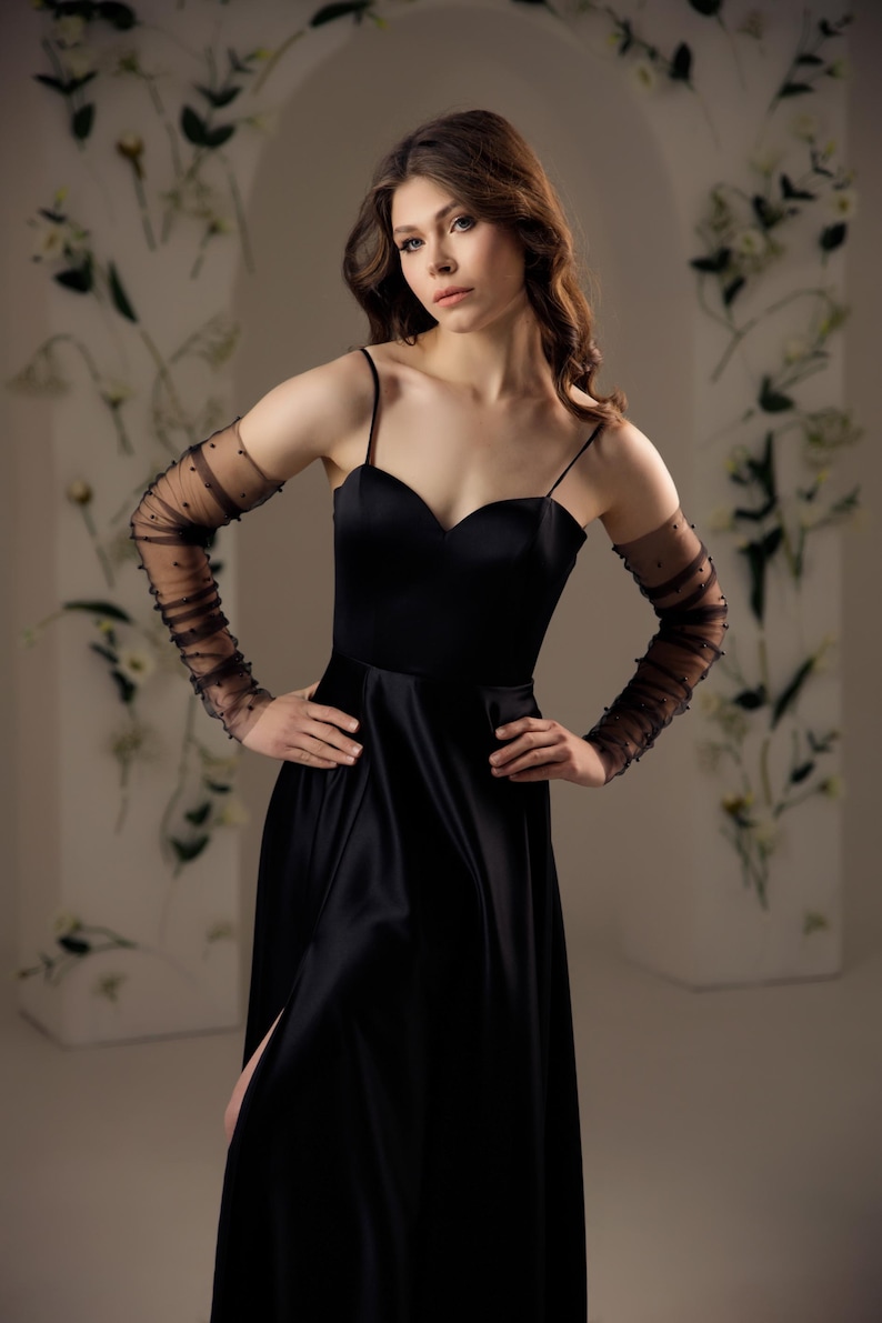 Fingerless Black Gloves Long Sheer Tulle Beaded Gloves Removable Pearls ...