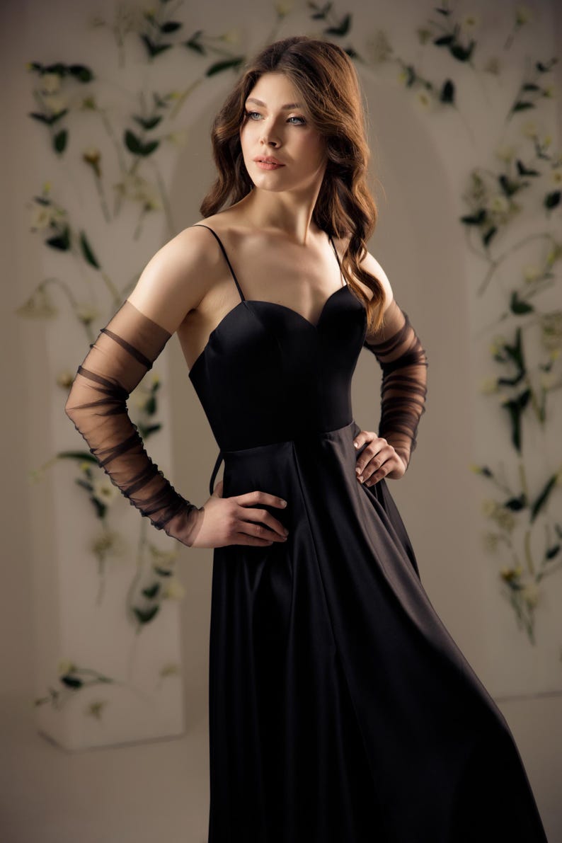 Fingerless Black Gloves Long Sheer Tulle Beaded Gloves Removable Pearls ...