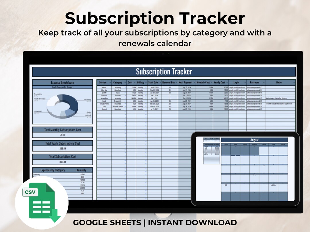 Subscription Tracker Google Sheets Subscription Tracker Monthly ...