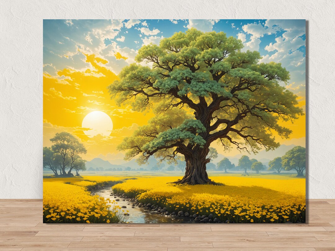 Golden Majestic Oak Tree Wall Art Bedroom Living Room Kitchen Landscape ...