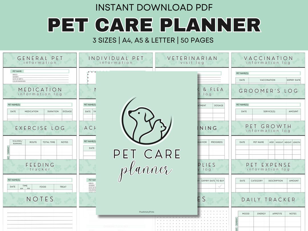 Printable Pet Care Journal Printable Pet Care Planner Digital Pet Care ...