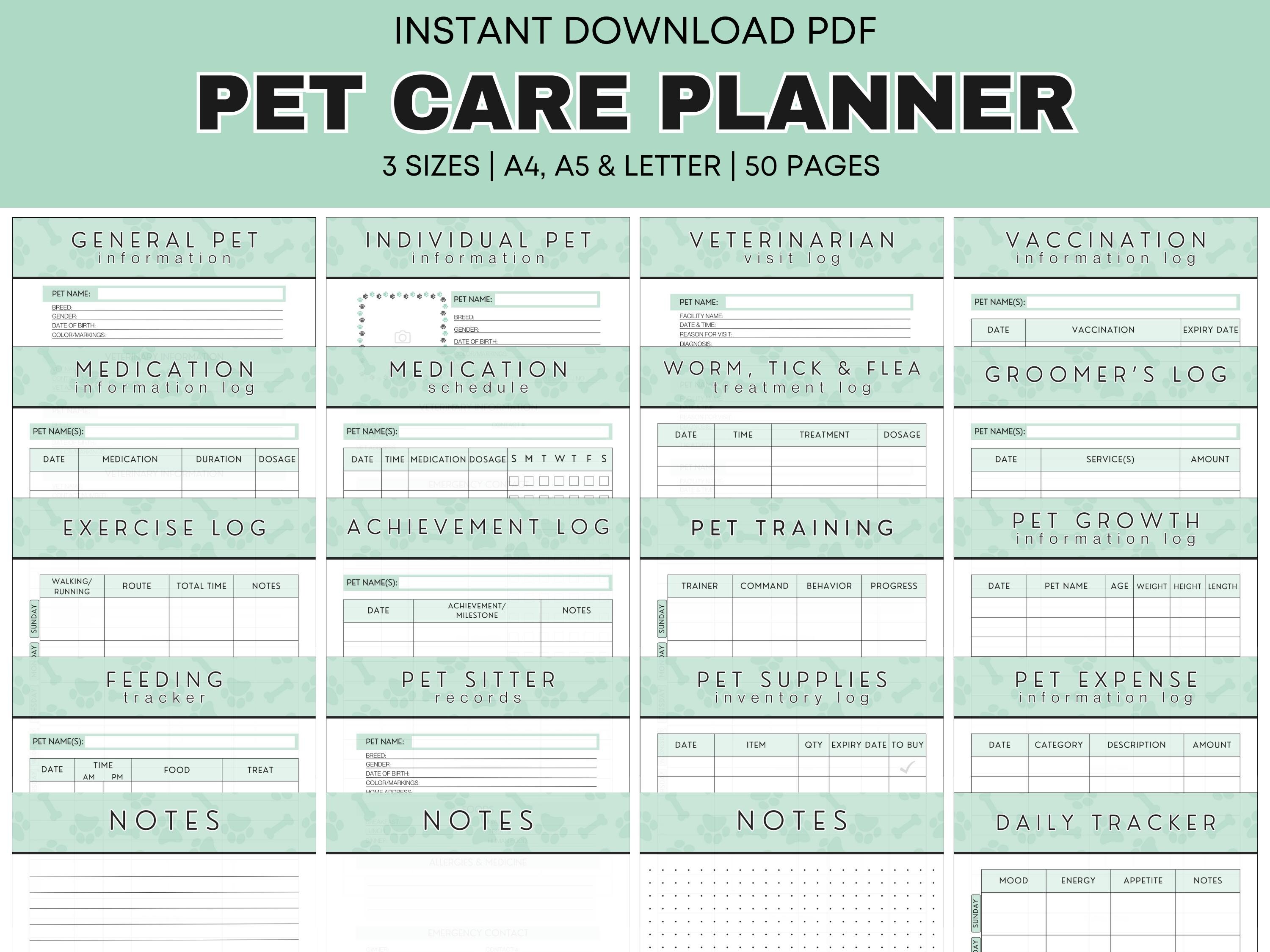 Printable Pet Care Journal | Printable Pet Care Planner | Digital Pet ...