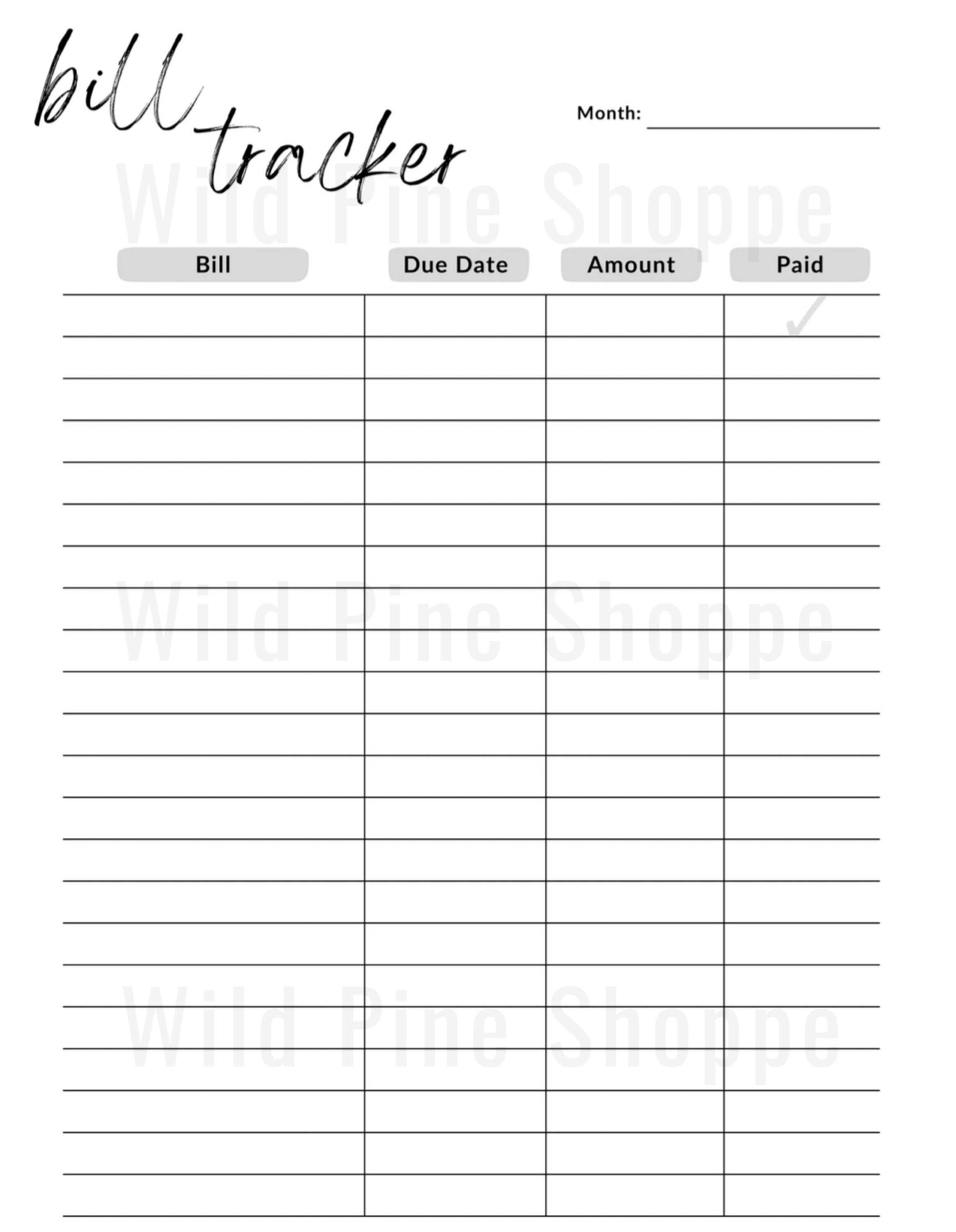 Monthly Bill Tracker Black & White - Etsy