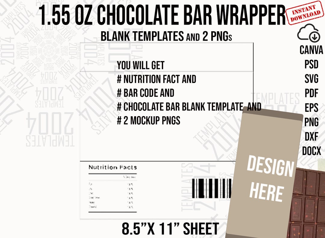 Chocolate Bar Wrapper Template: 1.55 Oz, Barcode & Nutrition Facts ...