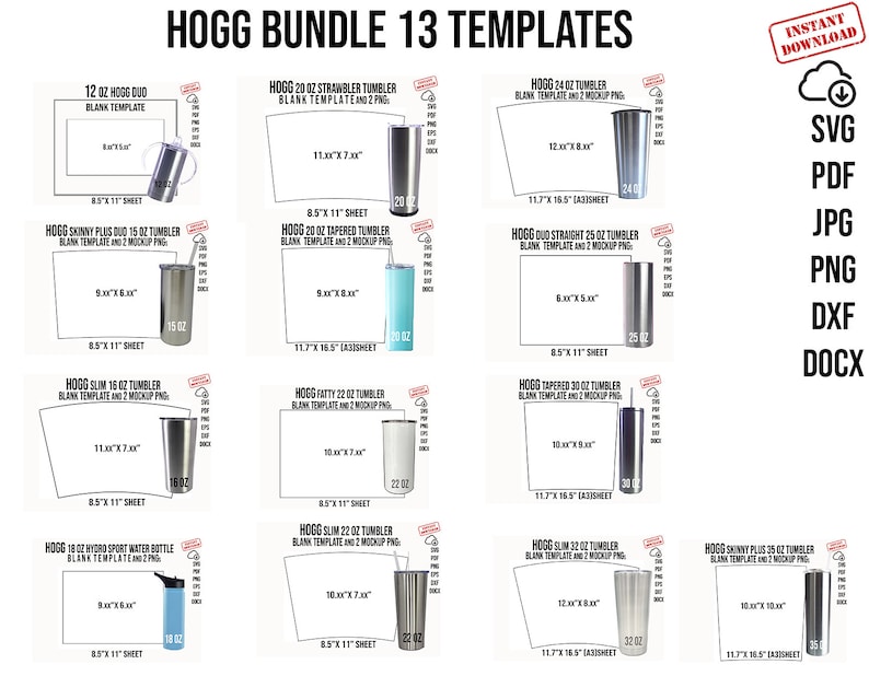 Hogg Bundle 13 Templates for Sublimation Tumblers Svg, Png, Dxf, Docx ...