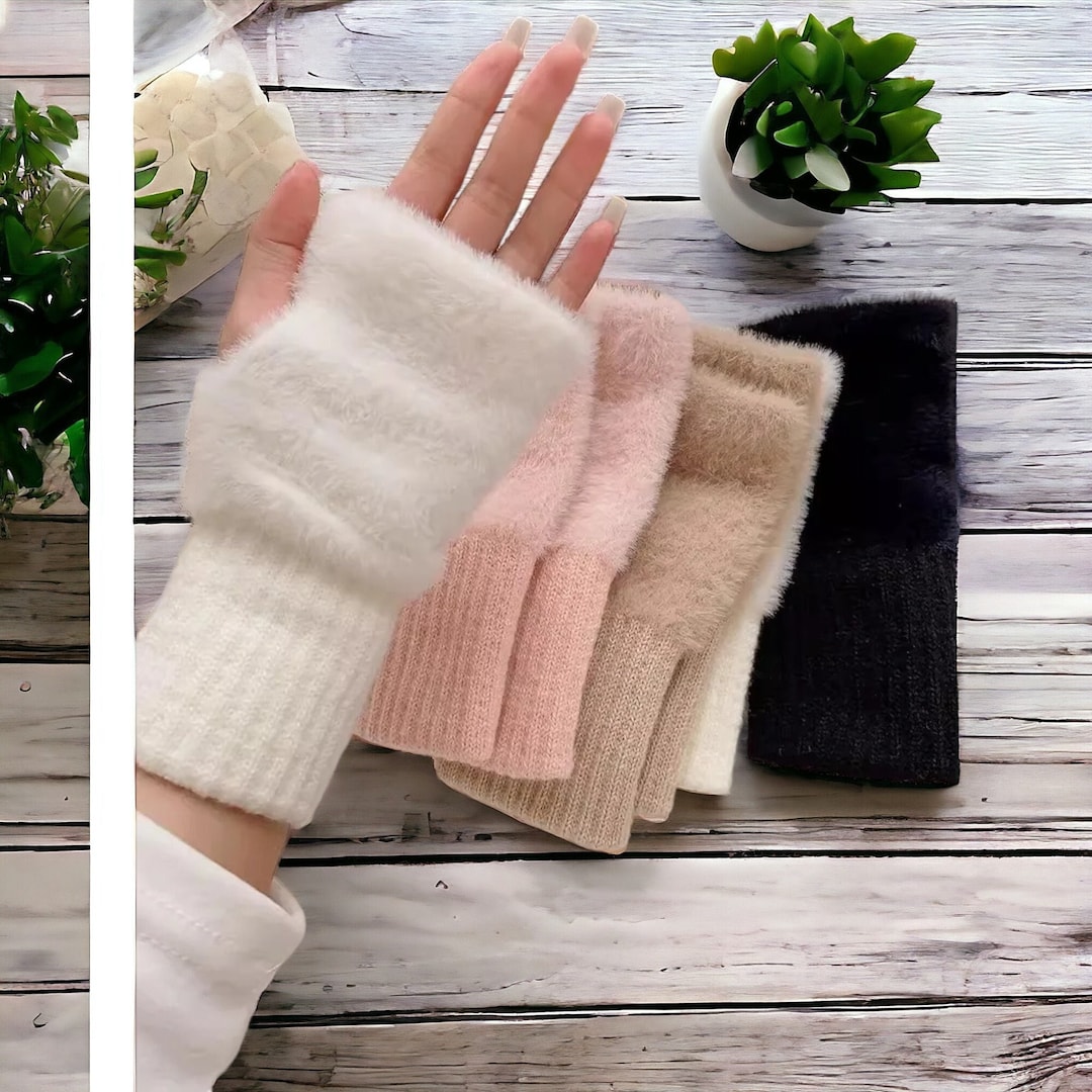 Luxe Solid White Plush Knit Fingerless Gloves Women's Soft Winter Half ...