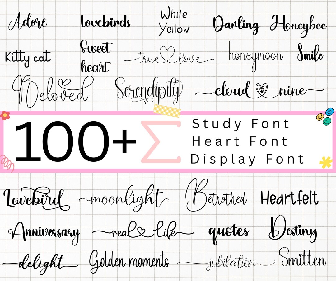 100+ Font Bundle, Aesthetic Study, Heart & Display Fonts, Font Laser ...