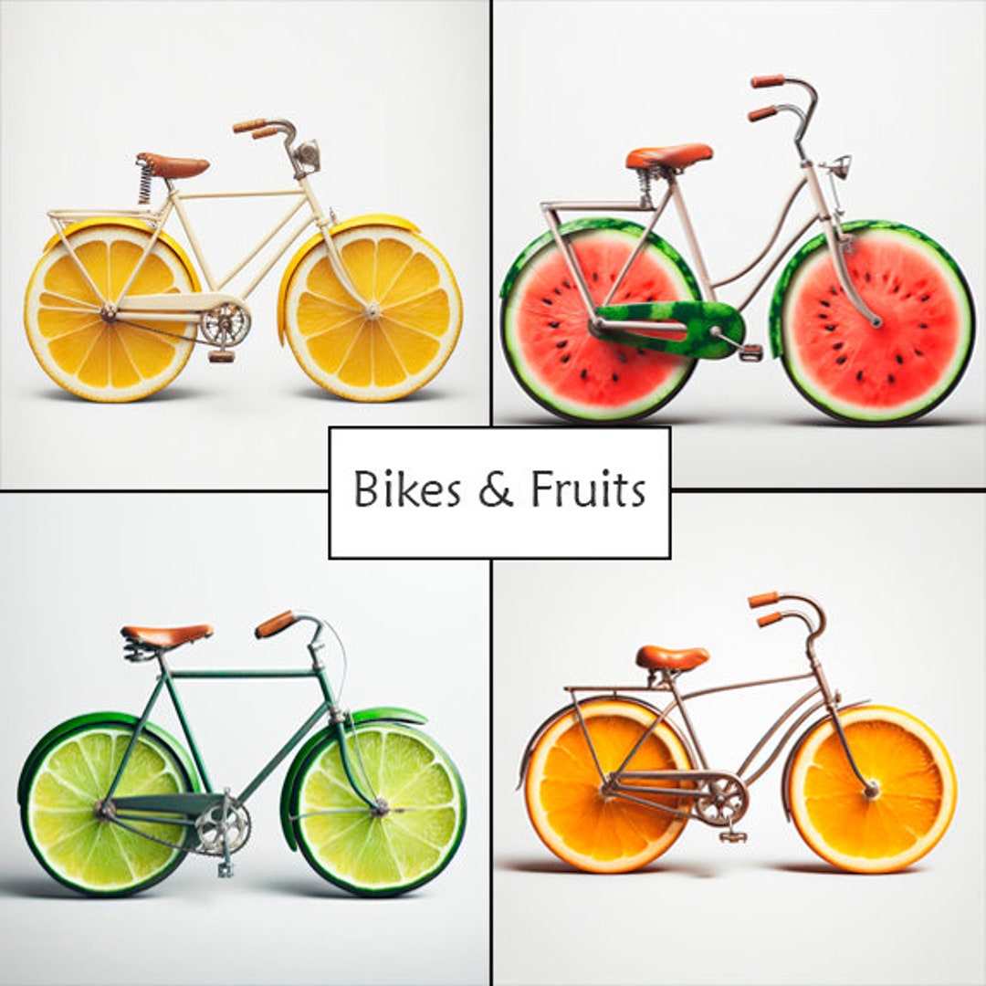 6 Kitchen Paintings of Vintage Bicycle Wheels With Fruits, Orange, Kiwi ...