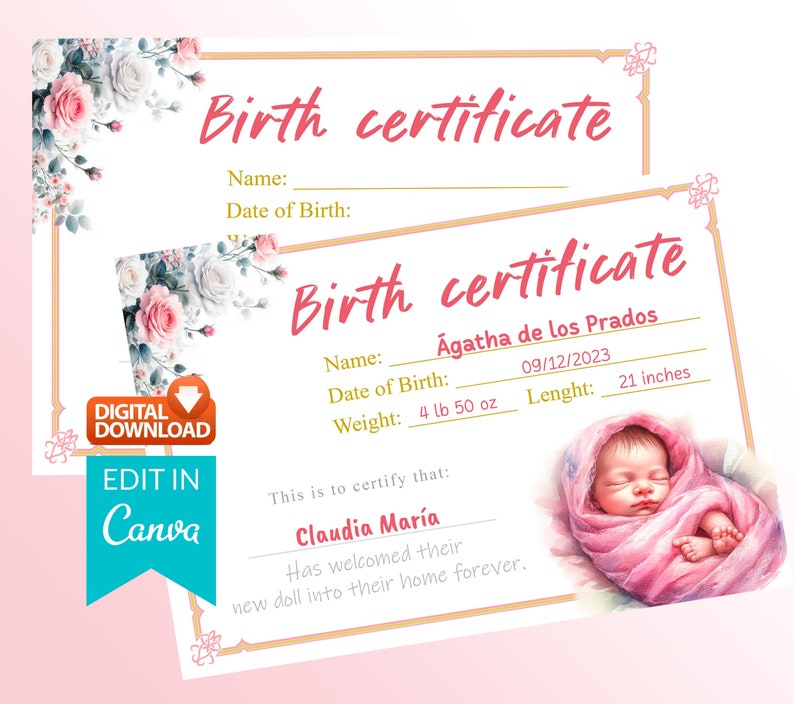 Certificado de nacimiento de muñeco bebé reborn, EDITABLE en formato PDF. Puede rellenar a mano ...