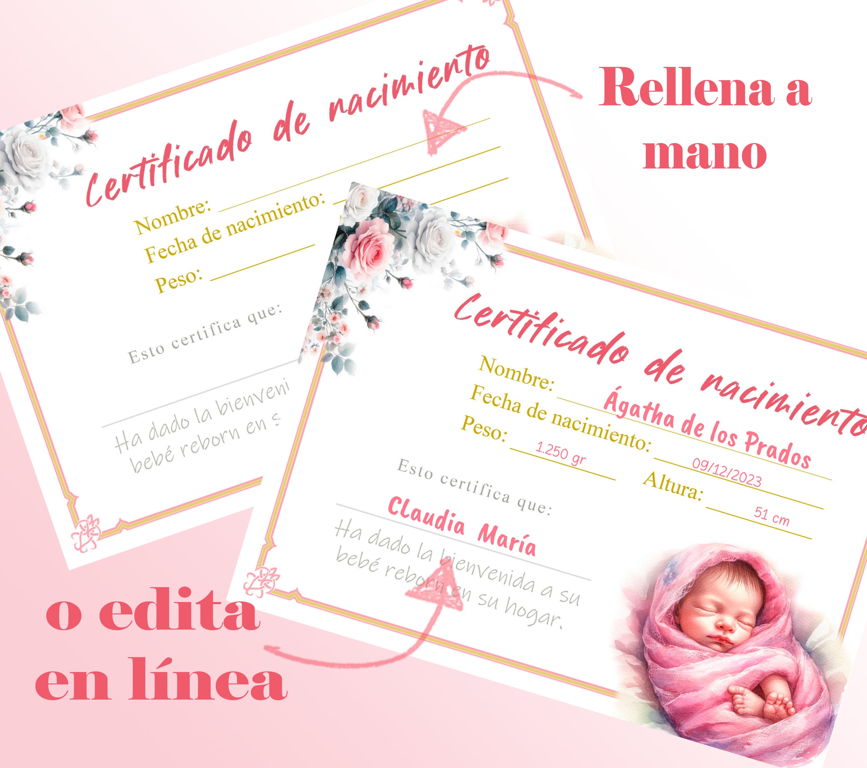 Certificado de nacimiento de muñeco bebé reborn, EDITABLE en formato PDF. Puede rellenar a mano ...