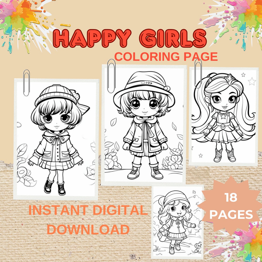 Happy Girls Coloring Page , Printable Fun and Positive Kids Coloring ...