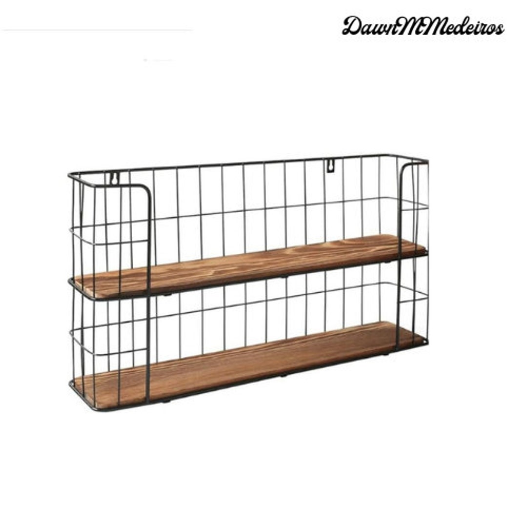 2 Tier Wooden and Black Metal Floating Shelves, Rectangle Wall Shelf ...