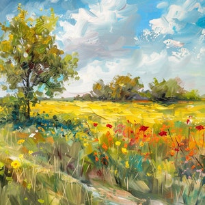 Field With Flowers and Trees in Spring | Oil Style Painting Digital ...