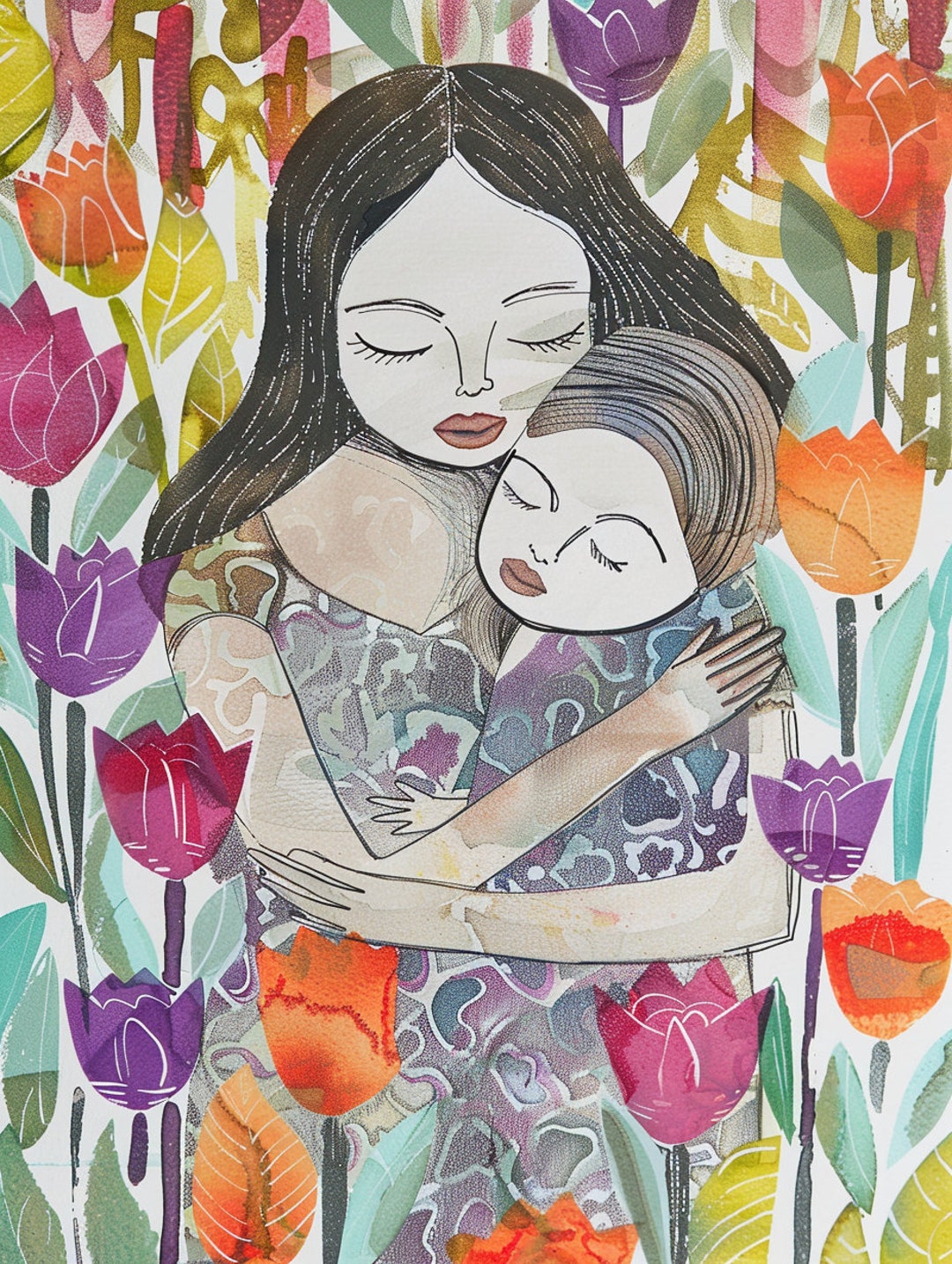 Mothers's Day E-card Crayon Style Woman With Child in Flower Field BEST ...