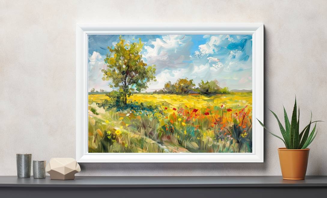 Field With Flowers and Trees in Spring | Oil Style Painting Digital ...