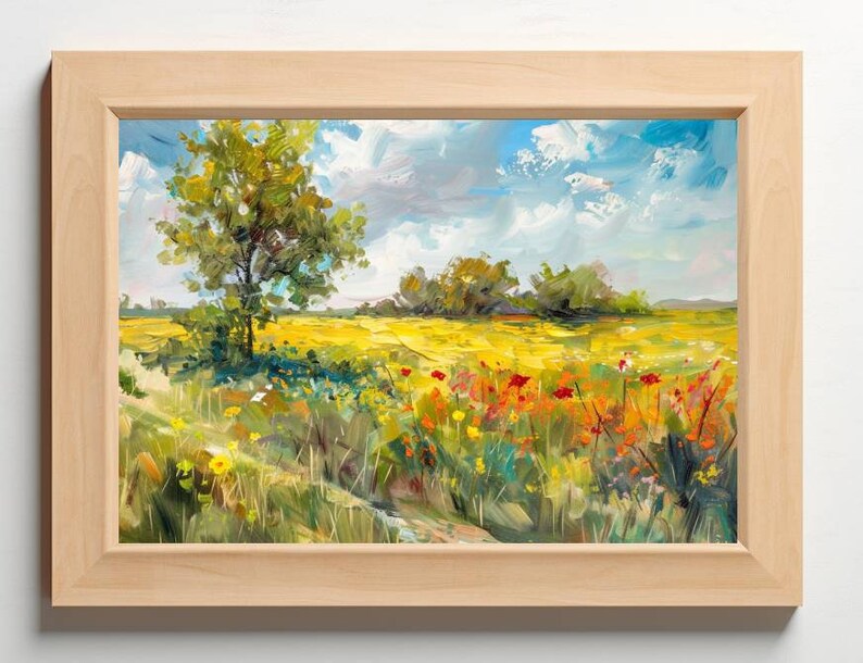 Field With Flowers and Trees in Spring | Oil Style Painting Digital ...