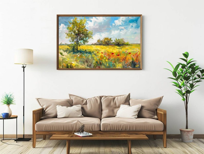 Field With Flowers and Trees in Spring | Oil Style Painting Digital ...