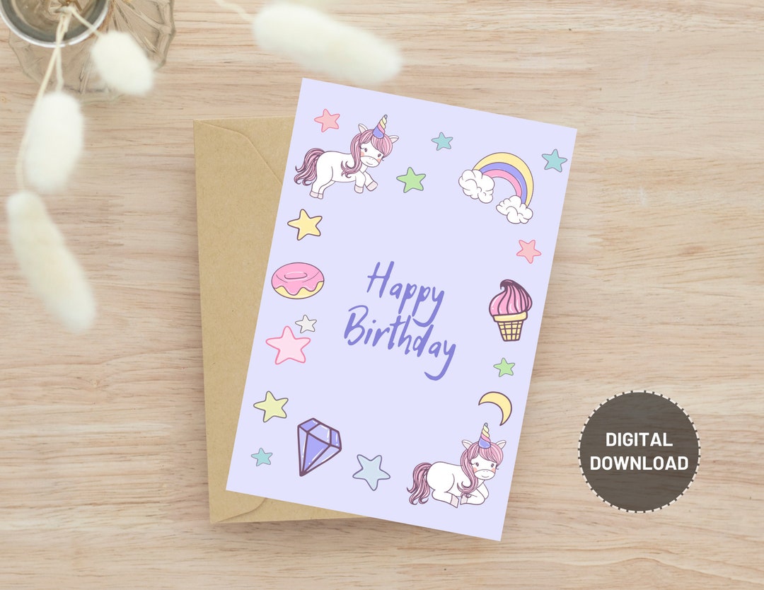 Unicorn Happy Birthday Card, Blue, Greeting Card, Downloadable Digital ...