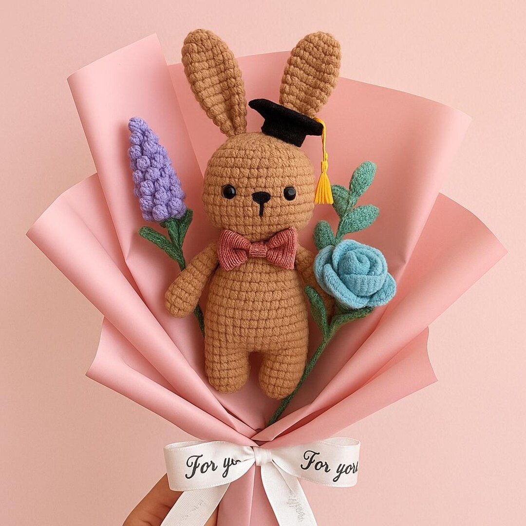 Hand Crocheted Graduation Bouquet With Brown Bunny - Etsy