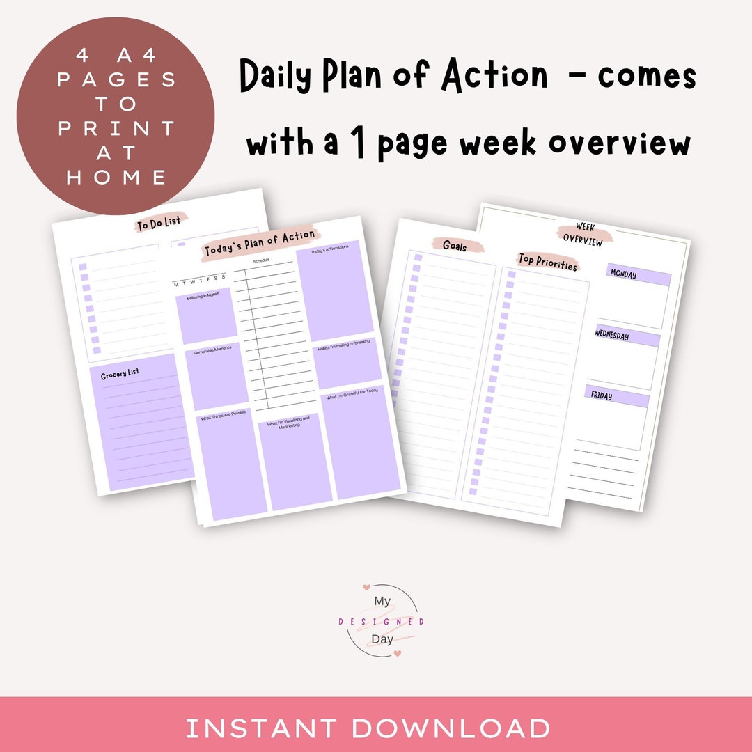 Daily Plan of Action Simple Day to Day Planner Week Overview Digital ...