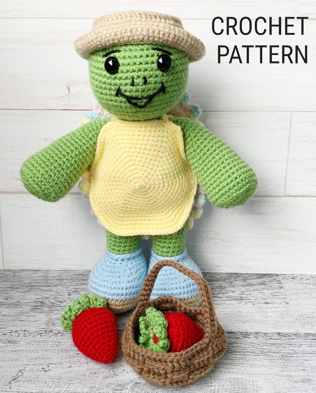 CROCHET PATTERN Turtle With Basket of Strawberries and Garden Hat - Etsy