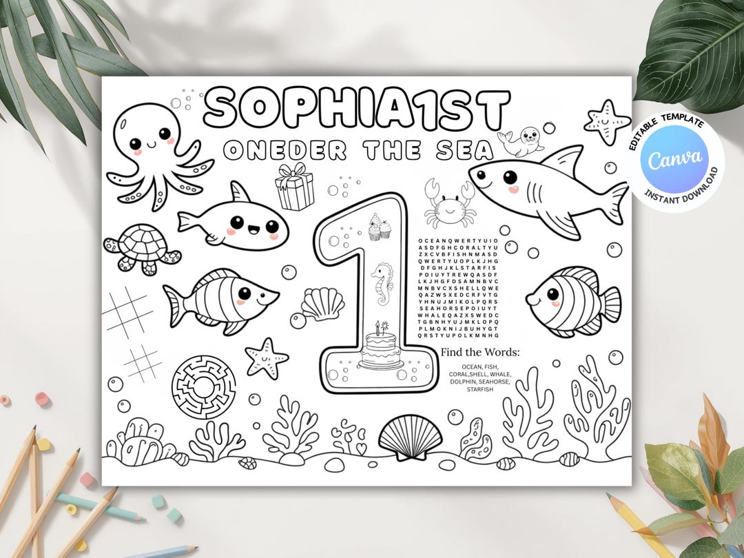 Under the Sea Birthday Decor Coloring Placemat Oneder the Sea Kids ...