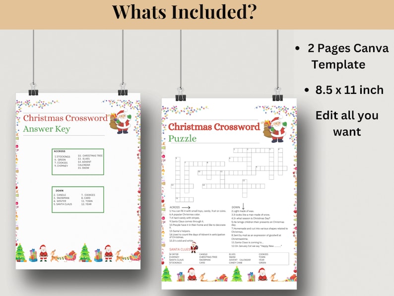 Christmas Crossword Puzzle for Kids and Adult Christmas Activity for ...