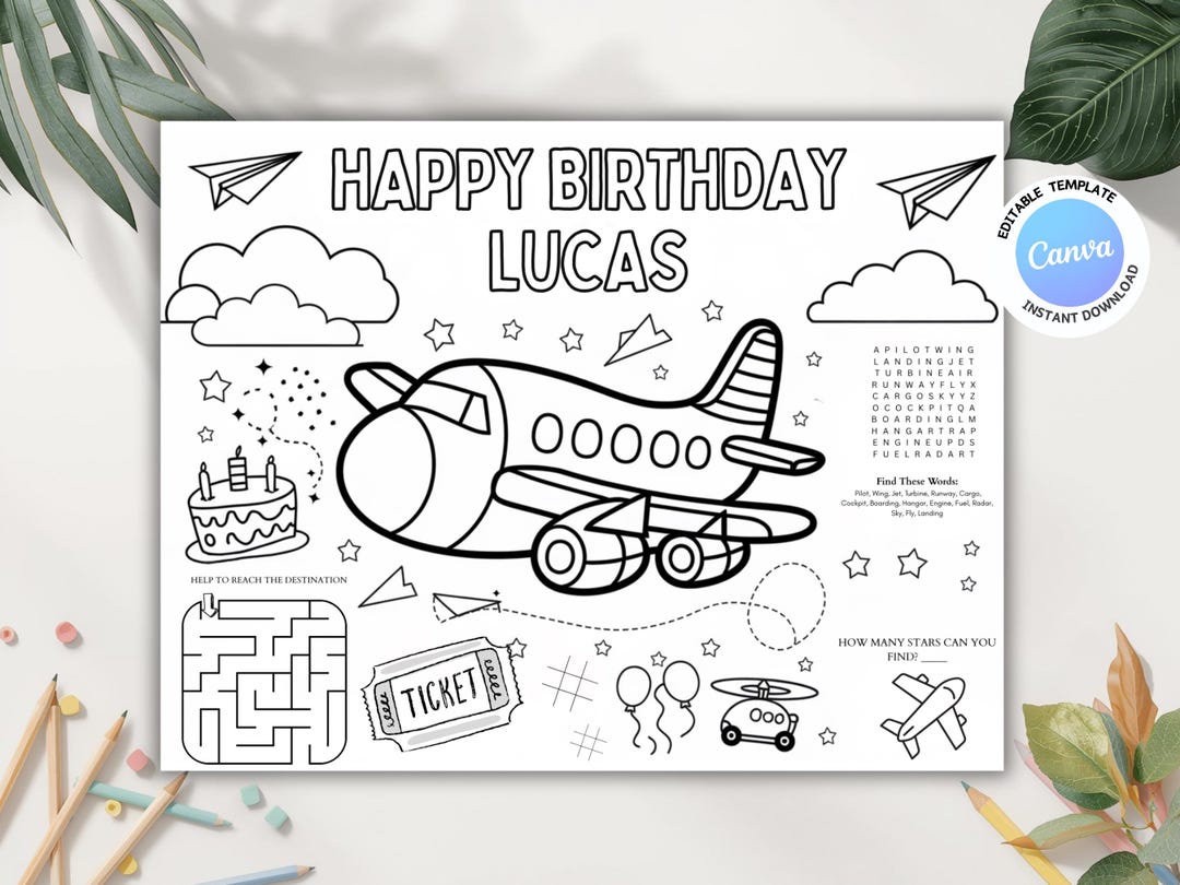 Airplane Birthday Coloring Placemat Pilot Coloring Pages Party Games ...