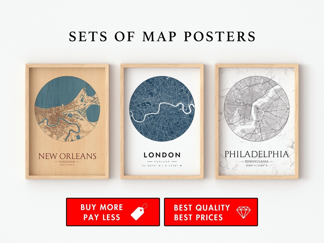Set of Custom Map Posters Personalized City Map Print Custom City Map Posters Map Gift Sets of ...