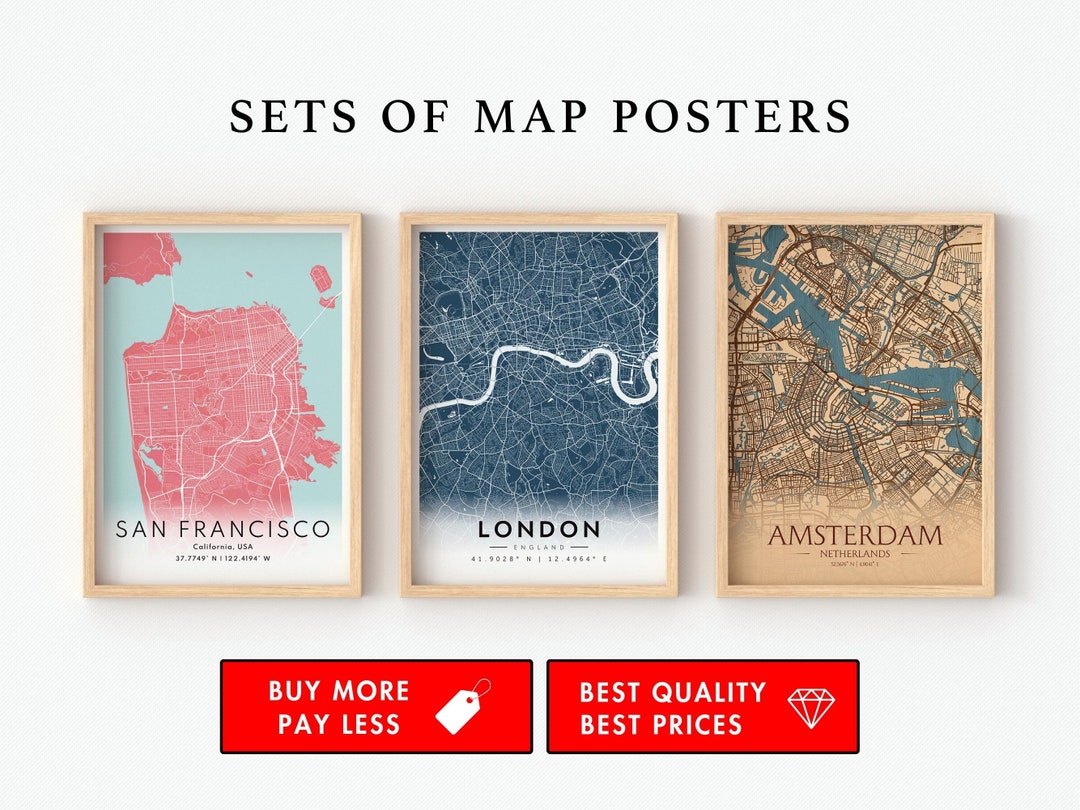 Set of Custom Map Posters Personalized City Map Print Custom City Map ...