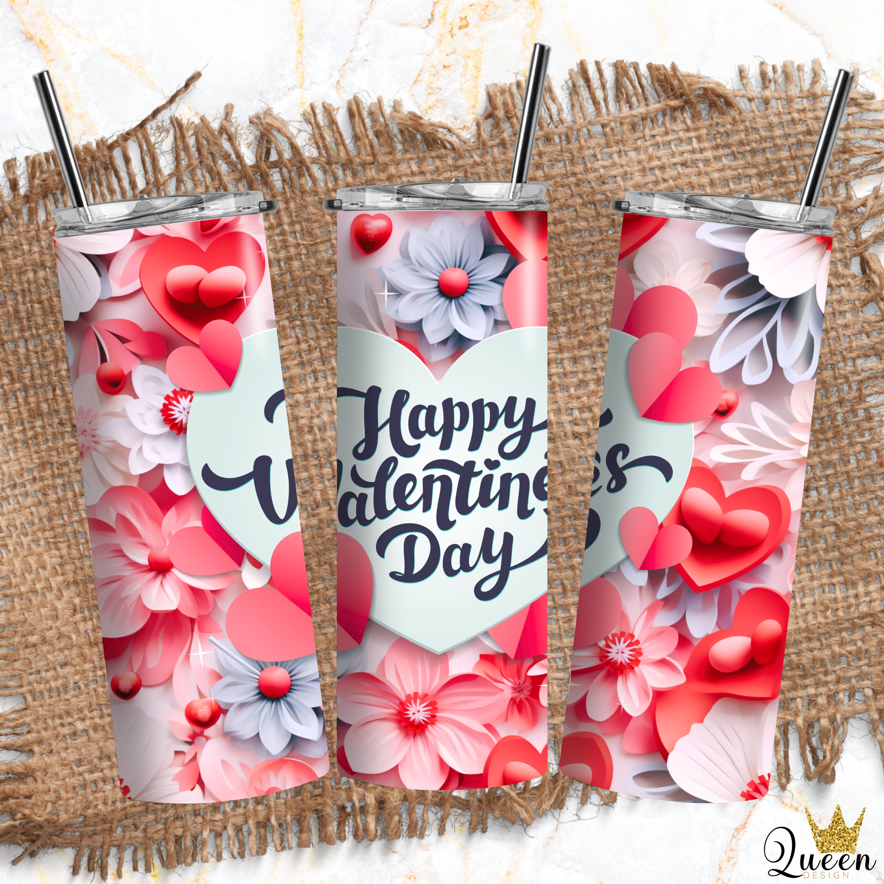 Happy Valentine's Day 20oz Skinny Tumbler Wrap: 3D Flowers and Hearts ...