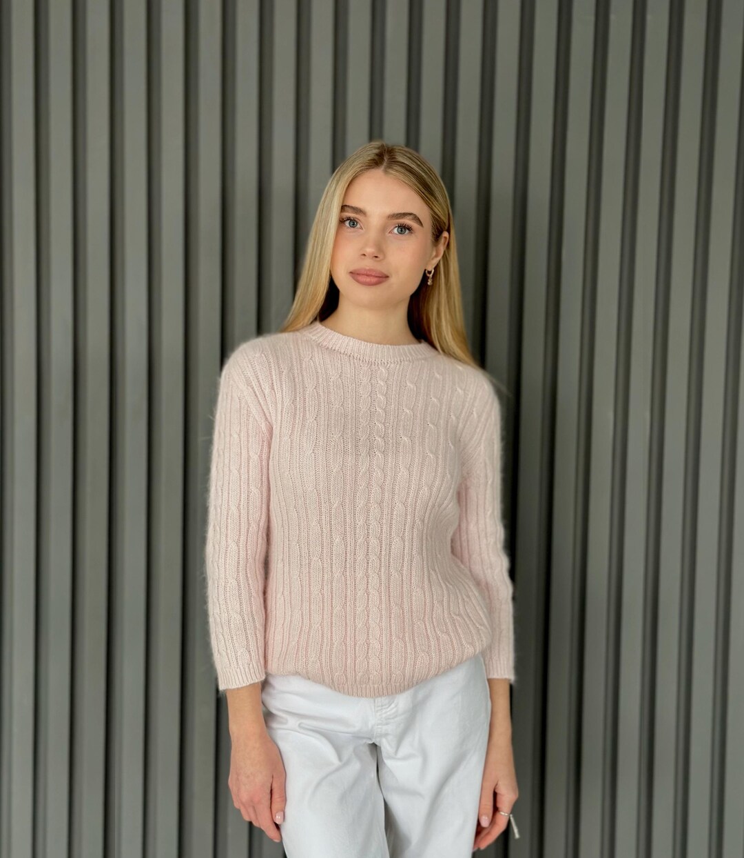 Handmade Light Pink Angora Sweater: Cable Knit Three-quarter Sleeve ...