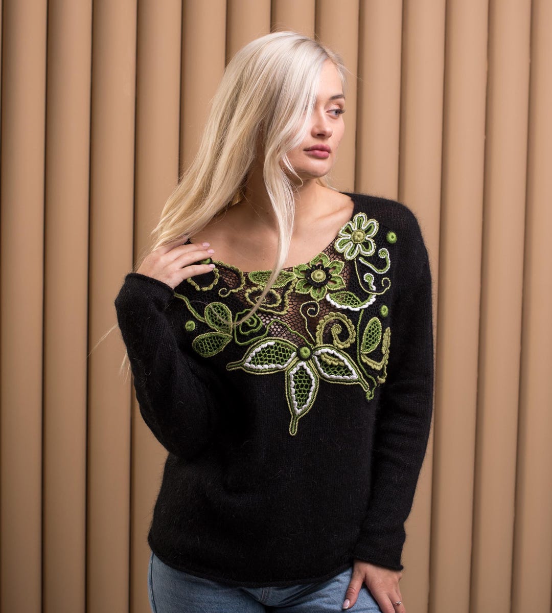Handknitted Black Angora Sweater: Crochet Floral Insertion - Etsy