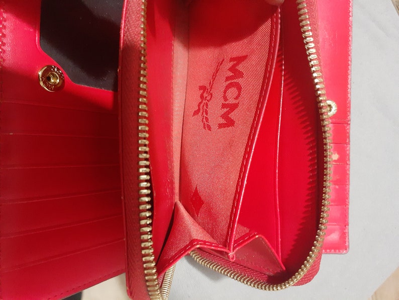 MCM Red Zipper Trifold Leather Wallet - Etsy