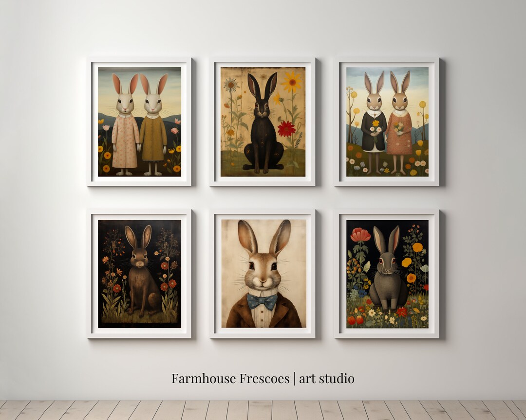 Printable Gallery Wall Art SET Set of 6 Rabbit Paintings Easter Rabbit ...