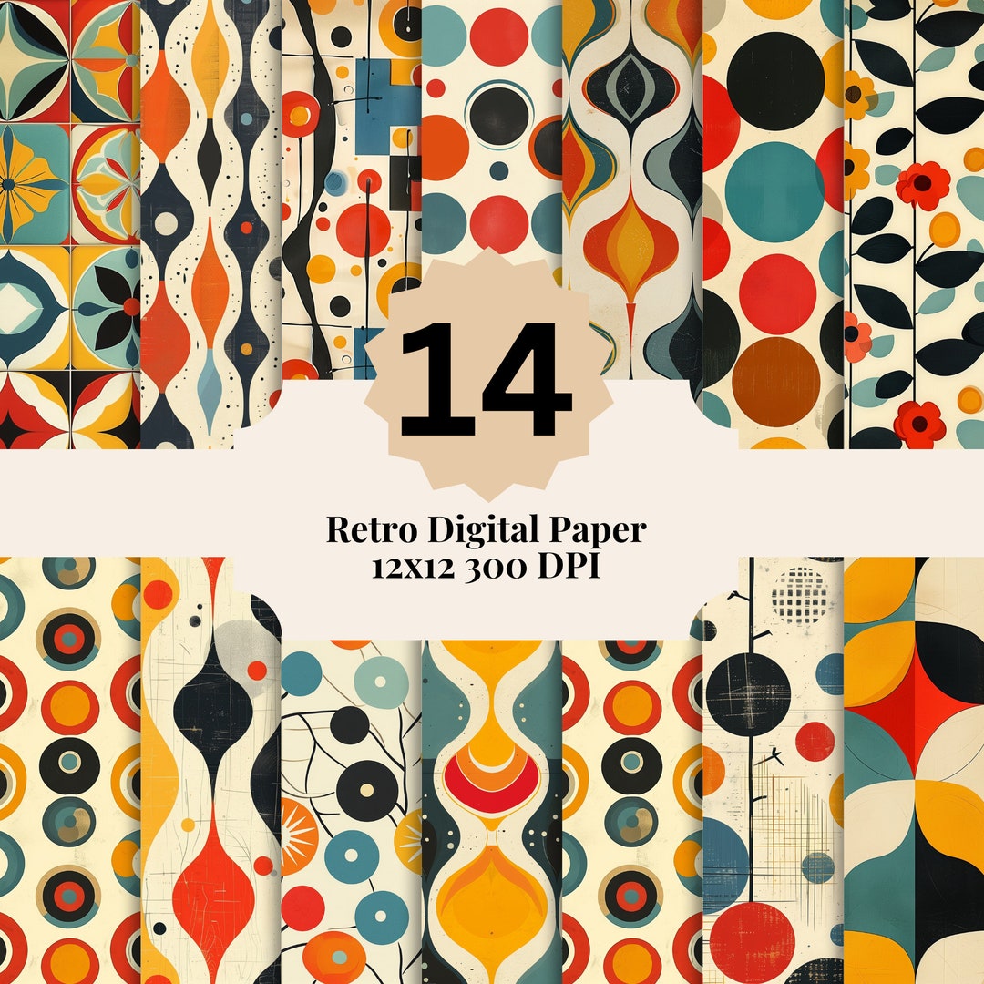 Set of 14 Printable Paper Digital Retro Scrapbook Paper Set Mid-century ...