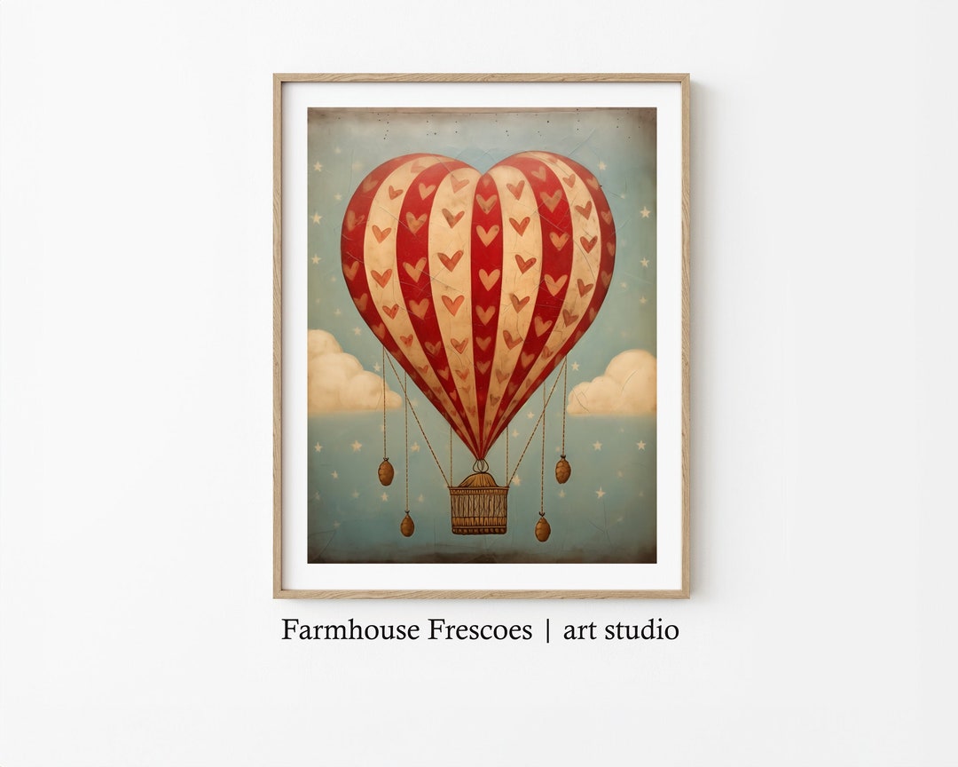 Rustic Valentine Hot Air Balloon Painting DIGITAL WALL ART Vintage ...