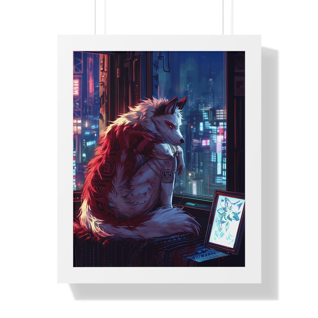 Sad Crying Wolf Lament Reflection 2, Framed Vertical Furry Anime Poster ...