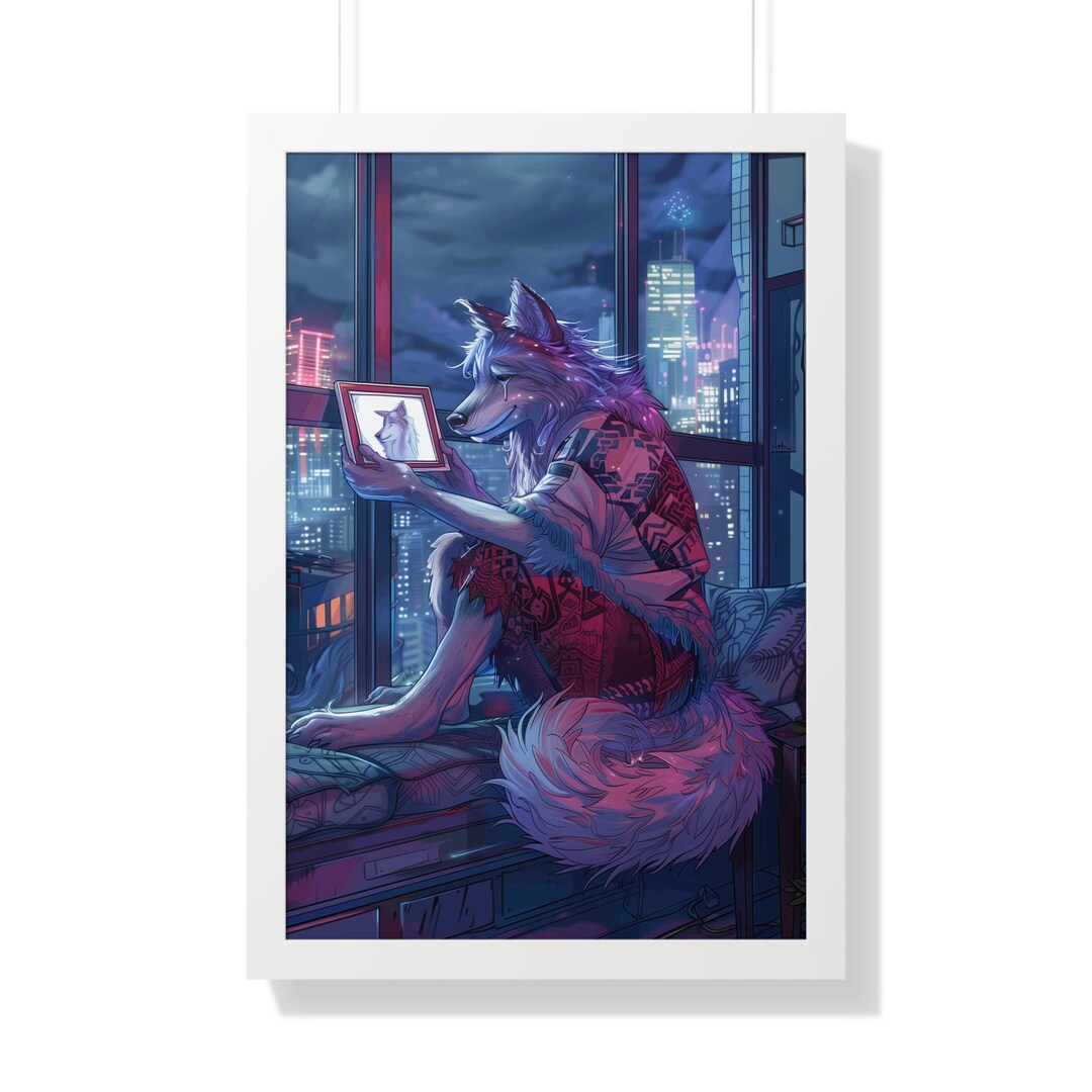 Sad Crying Wolf Lament Reflection 3, Framed Vertical Furry Anime Poster ...