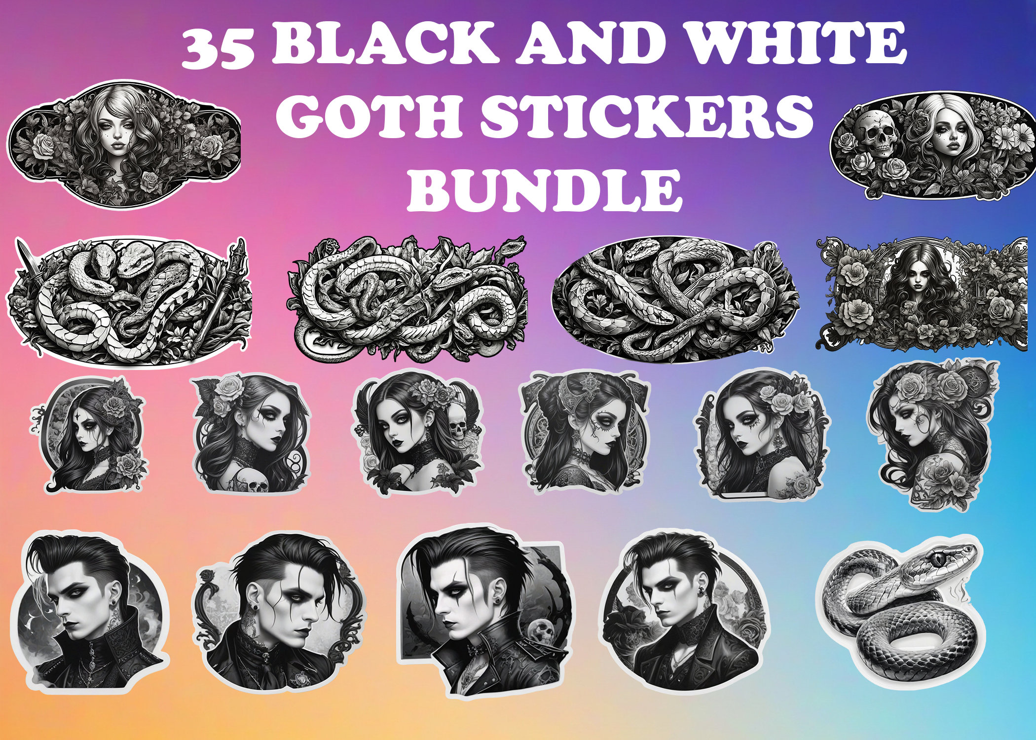 Goth Black and White Sticker PNG Pack, Sticker Set, Goth PNG, Sticker ...