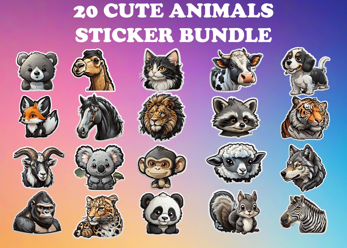 Cute Animals Sticker PNG Pack, Animals Sticker Set, Animals PNG ...
