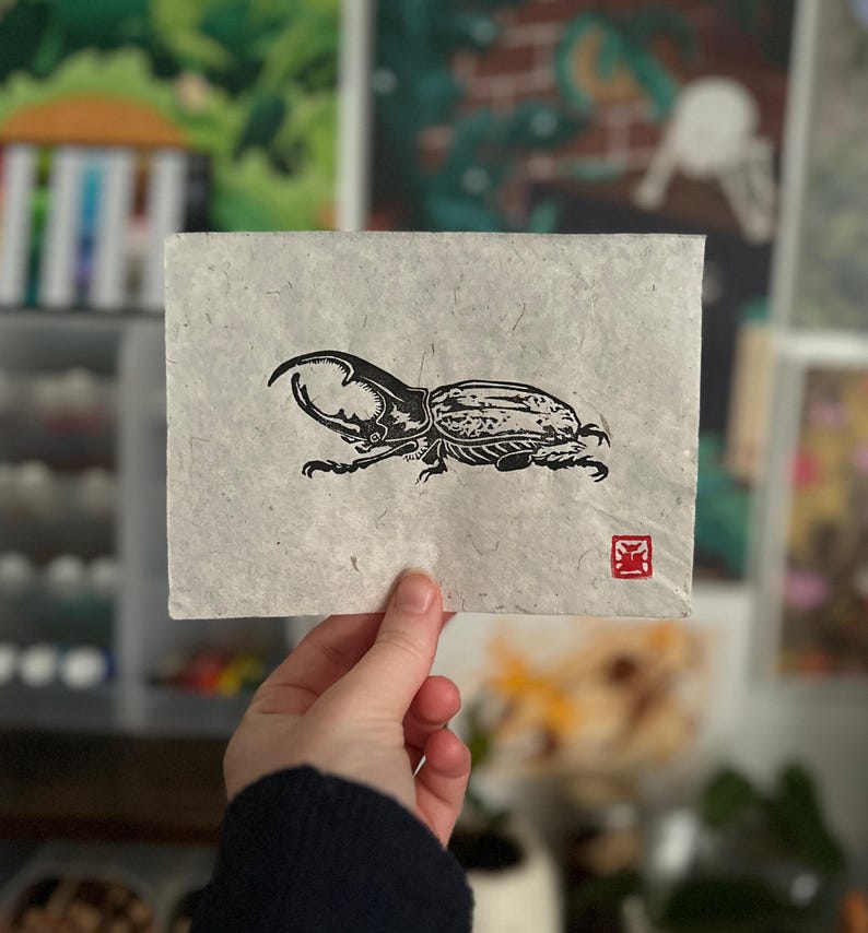 Hercules Beetle | Linocut Print | Black | Red | Brown | Green - Etsy