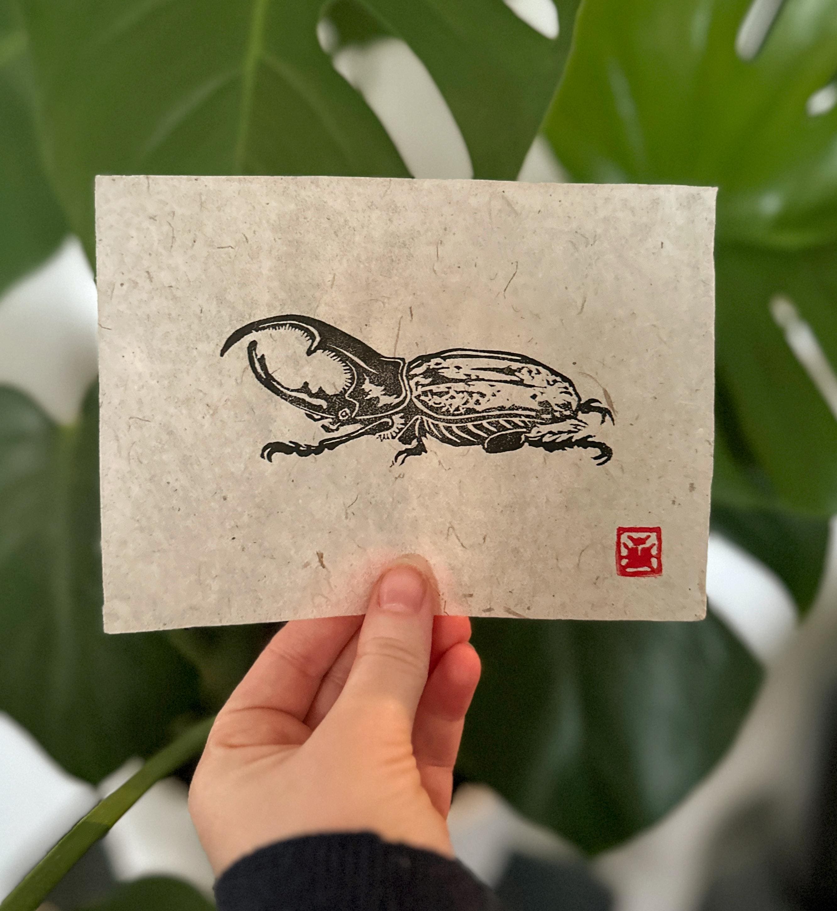 Hercules Beetle | Linocut Print | Black | Red | Brown | Green - Etsy