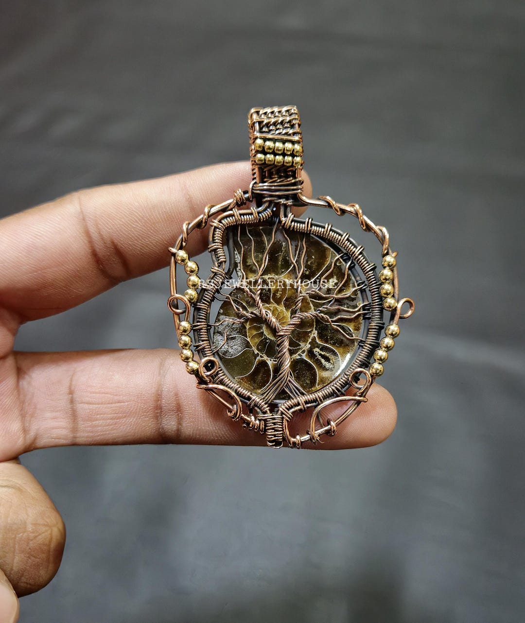 Tree of Life Ammonite Fossil Gemstone Pendant Copper Wire Wrapped ...