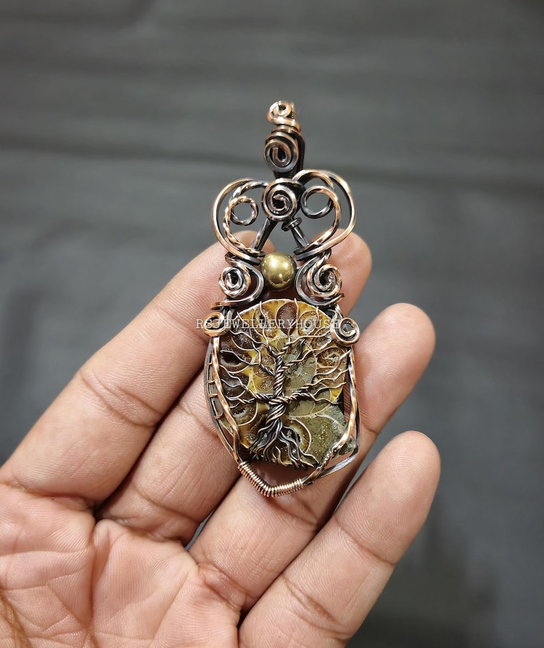 Pretty Ammonite Fossil Tree of Life Pendant Copper Wire Wrapped Pendant ...