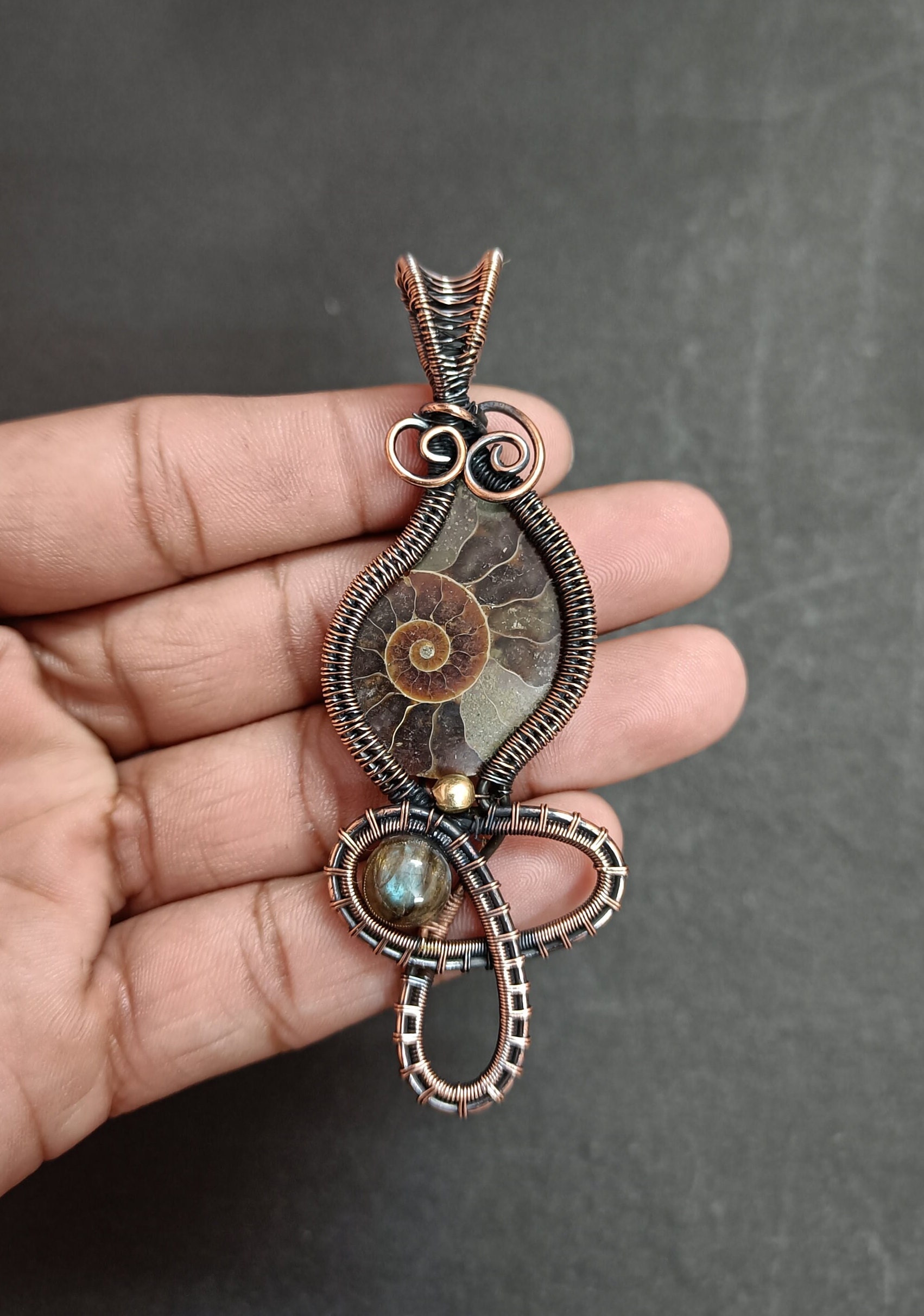 Ammonite Copper Pendant, Wire Wrapped Labradorite Gemstone Jewelry - Etsy